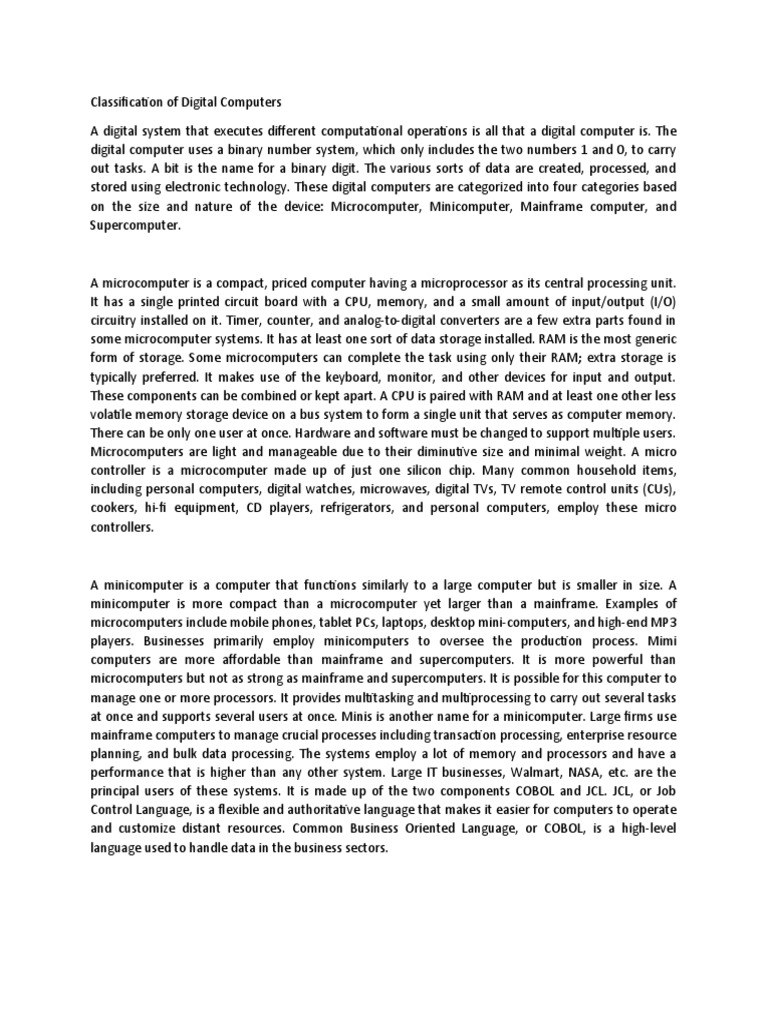 Classification of Digital Computers | PDF | Microcomputers | Central ...