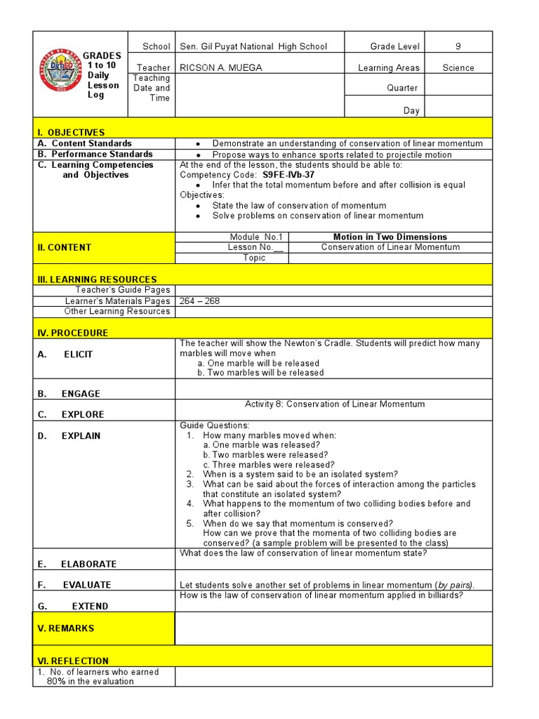 Dll-G9-7e's - Module 1 Lesson 11 | PDF | Momentum | Learning