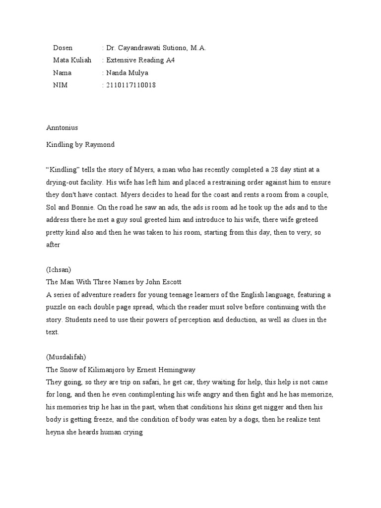 Extensive Reading Assignment on Short Stories | PDF