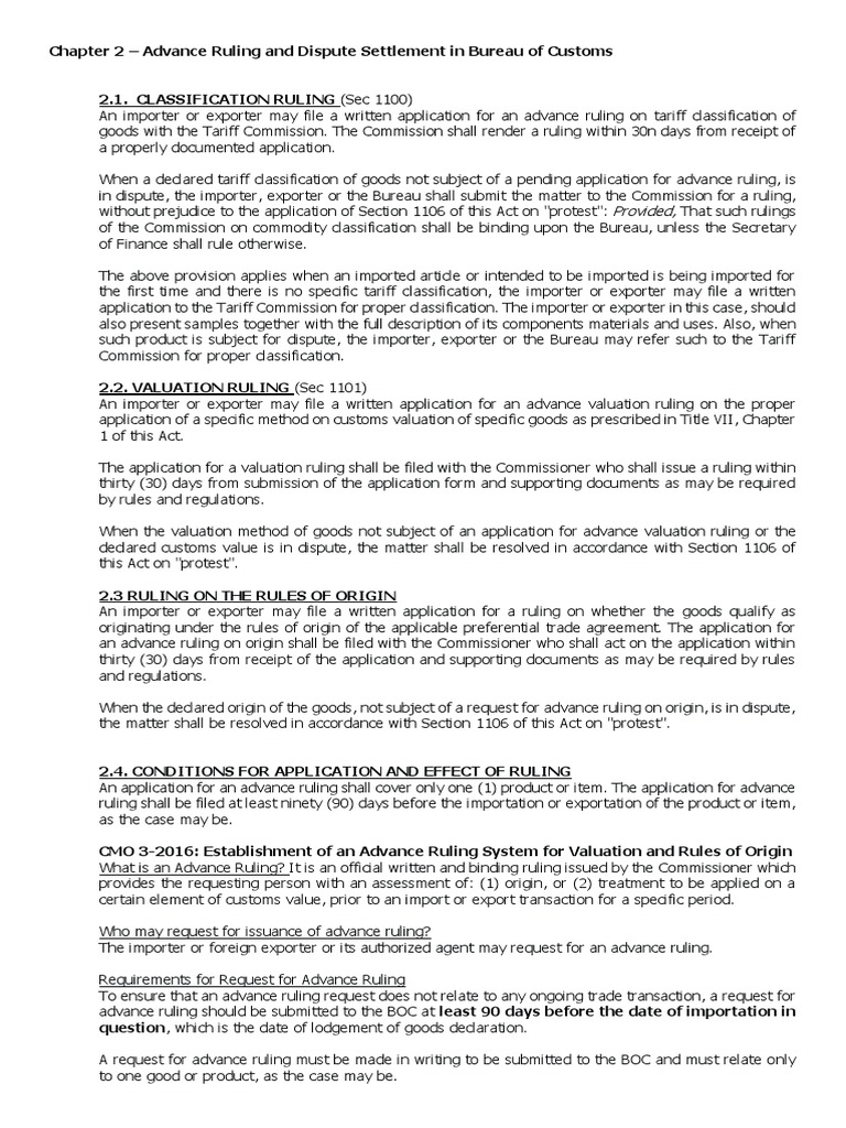 CHAPTER 2 Advance Ruling and Dispute Settlement in Bureau of Customs ...
