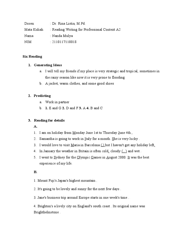 Nanda Mulya - 2110117110018 - Writing Part 6 - RWPC A2 | PDF | Sports ...