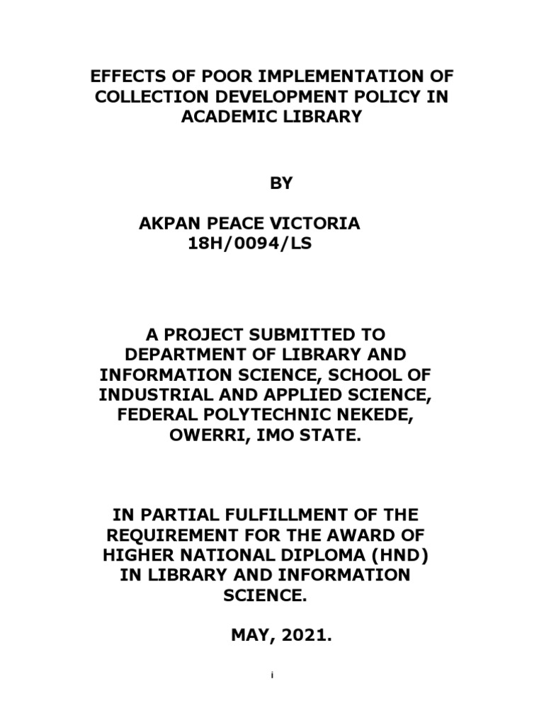 Akpan Peace Project Lis HND | PDF | Libraries | Survey Methodology
