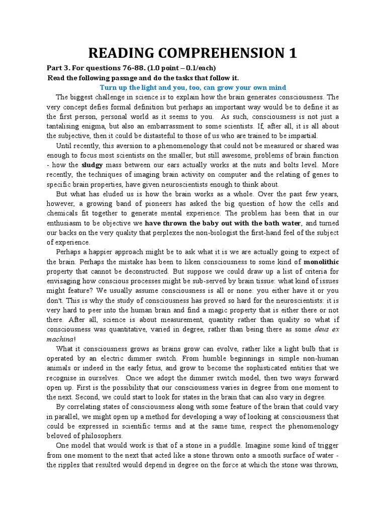 Reading Comprehension 1 | PDF | Consciousness | Brain