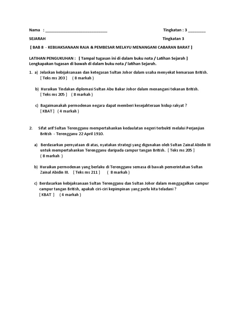 Bab 8 Sej T3 Latihan | PDF