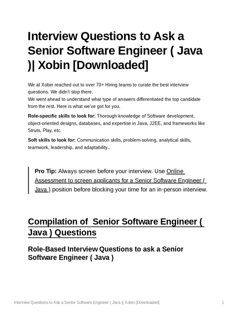 Interview Questions To Ask A Senior Software Engineer (Java) Xobin Downloaded | PDF | Java ...