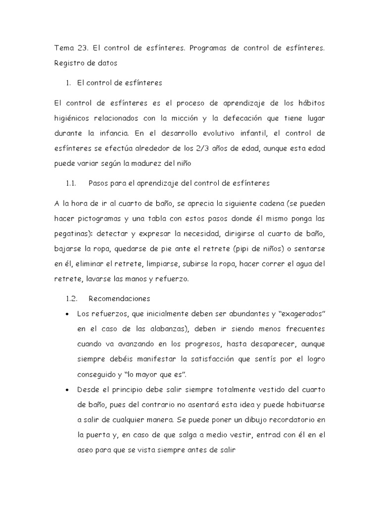 Tema 23. El Control de Esfínteres. Programas de Control de Esfínteres. Registro de Datos | PDF