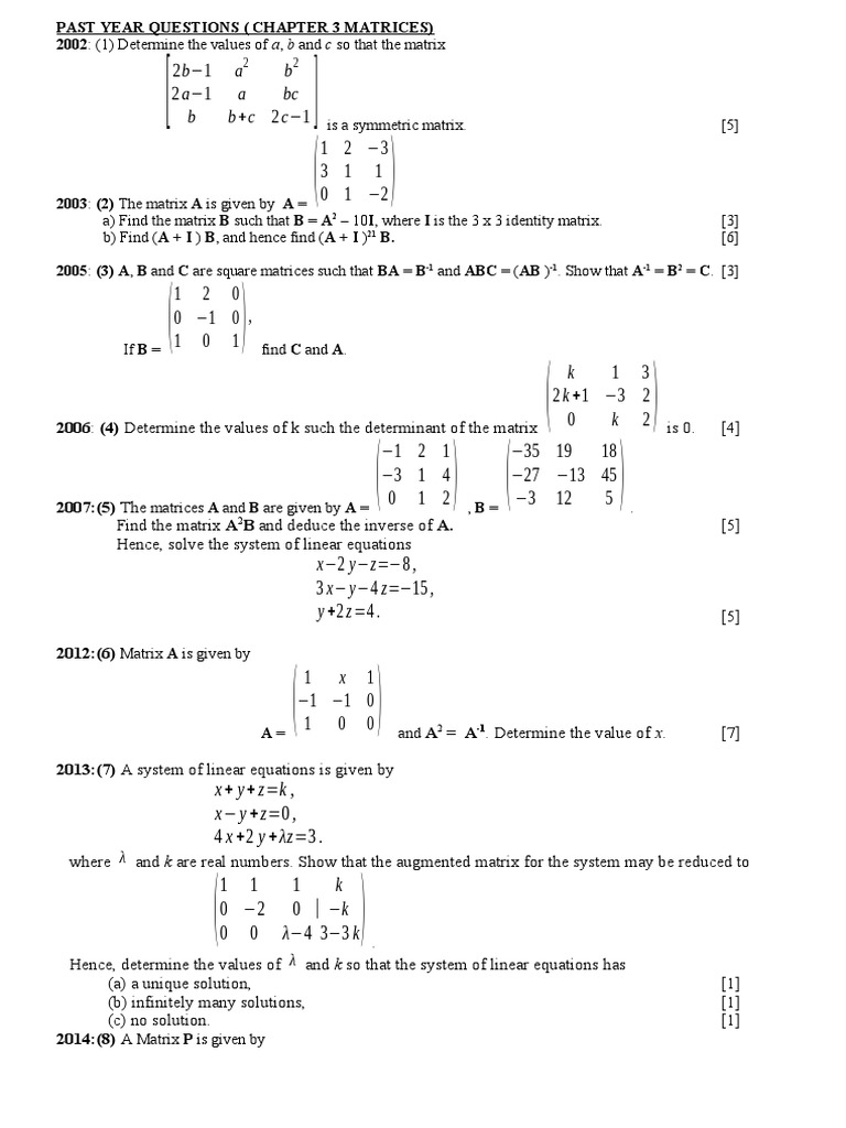 Past Year Chapter 3 Maths T | PDF | Matrix (Mathematics) | System Of Linear Equations