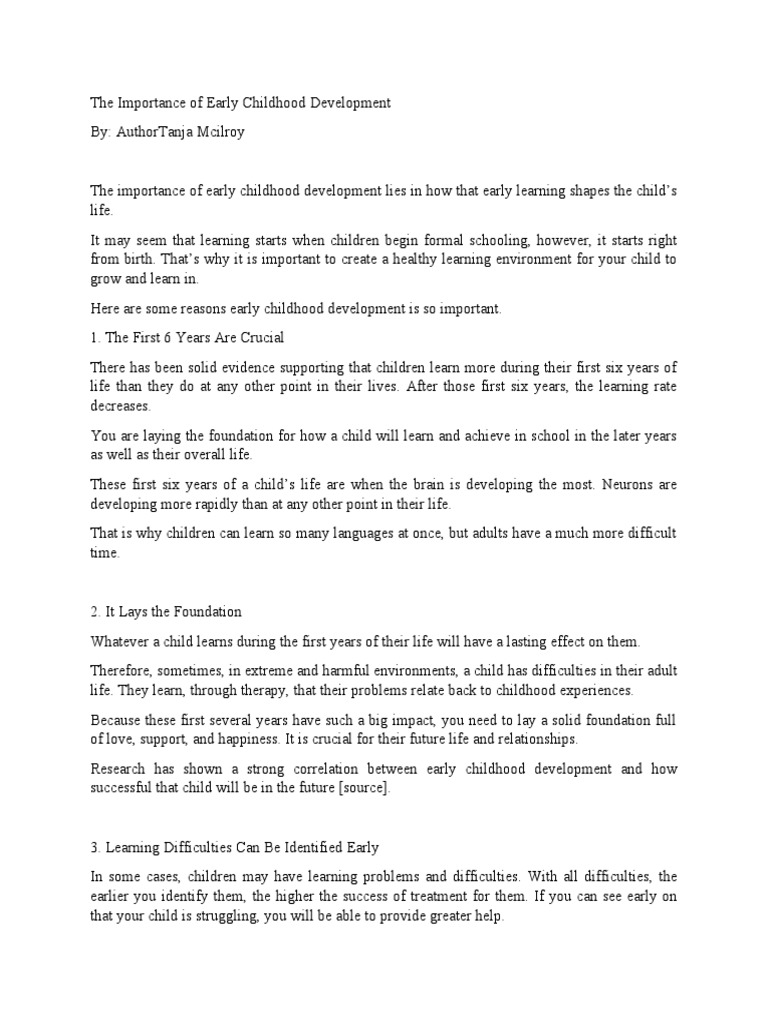 Importance of Early Childhood Development | PDF | Child Development ...