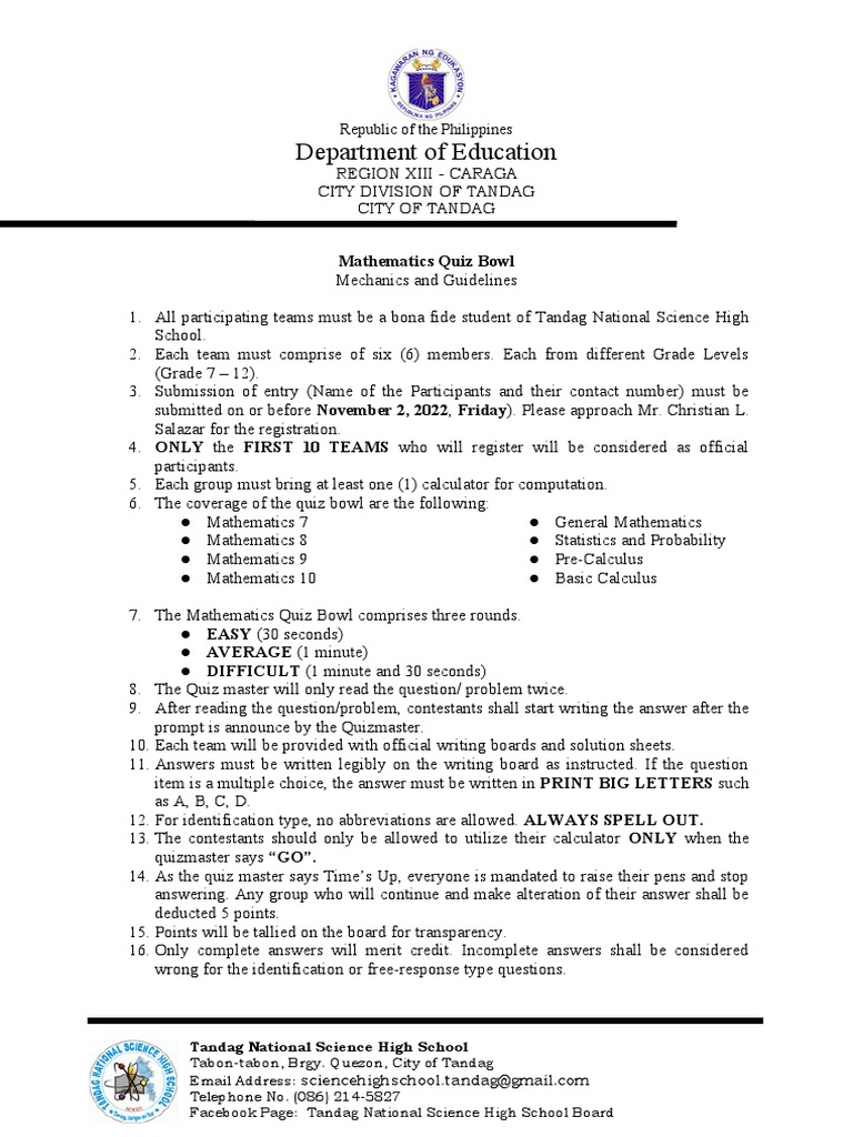Math Festival Activities Mechanics Guidelines and Criteria | PDF ...