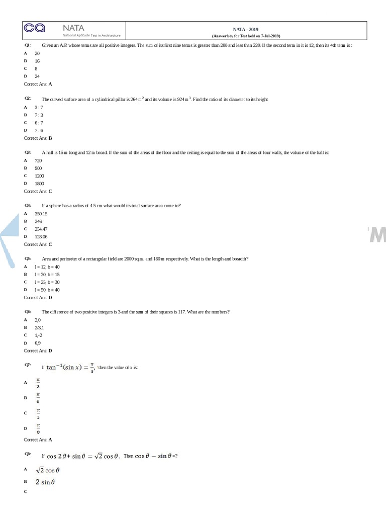 NATA 2019 Question Paper With Answers July | PDF | Area | Volume
