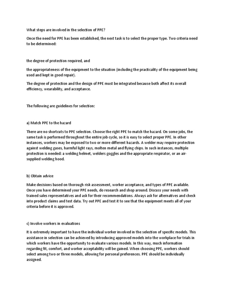 What Steps Are Involved in The Selection of PPE | PDF | Personal ...