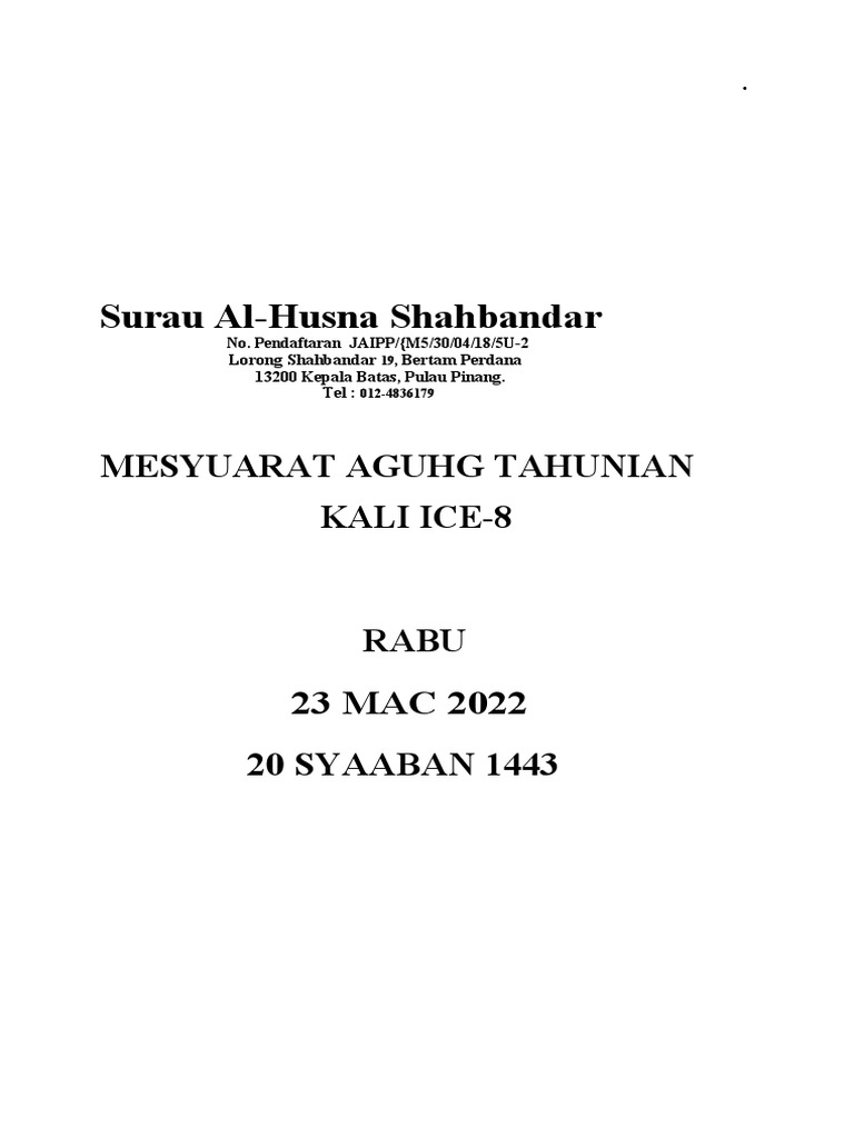 Contoh Mesyuarat Tahunan Surau 2022 | PDF