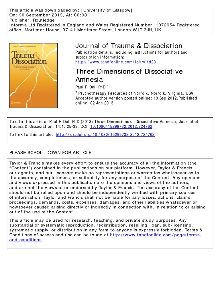 Three Dimension of Dissociative Amnesia | PDF | Dissociation ...