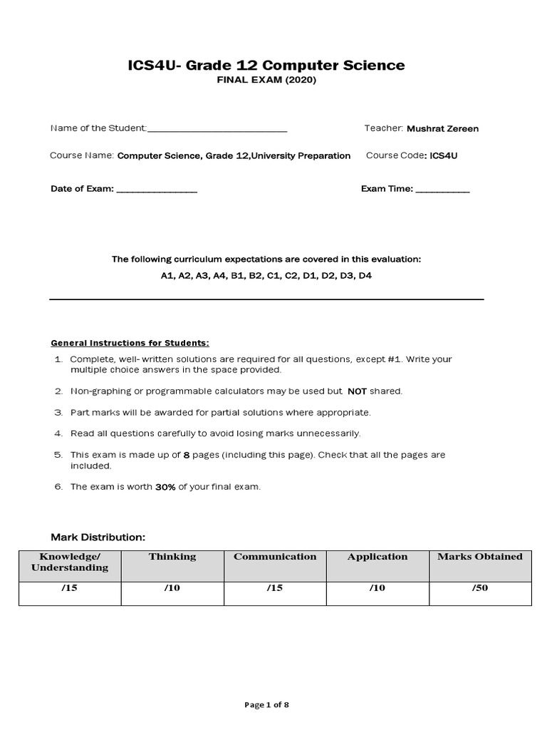 Computer Science Grade 12 Final Exam (2020): Document Covering Key Curriculum Expectations for ...