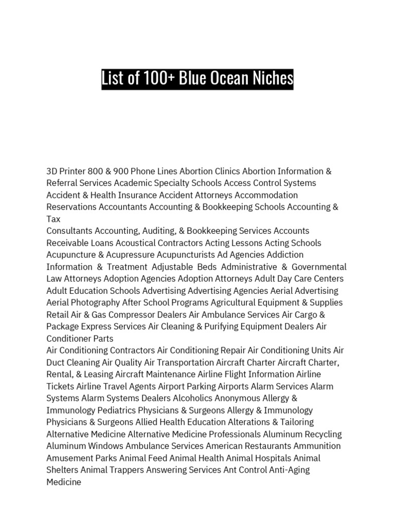 List of 100 Blue Ocean Niches PDF | PDF | Real Estate | Retail