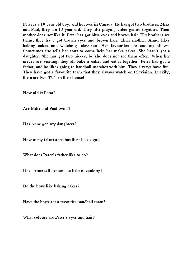 Reading Comprehension Have Got Has Got Text and Qu Reading ...