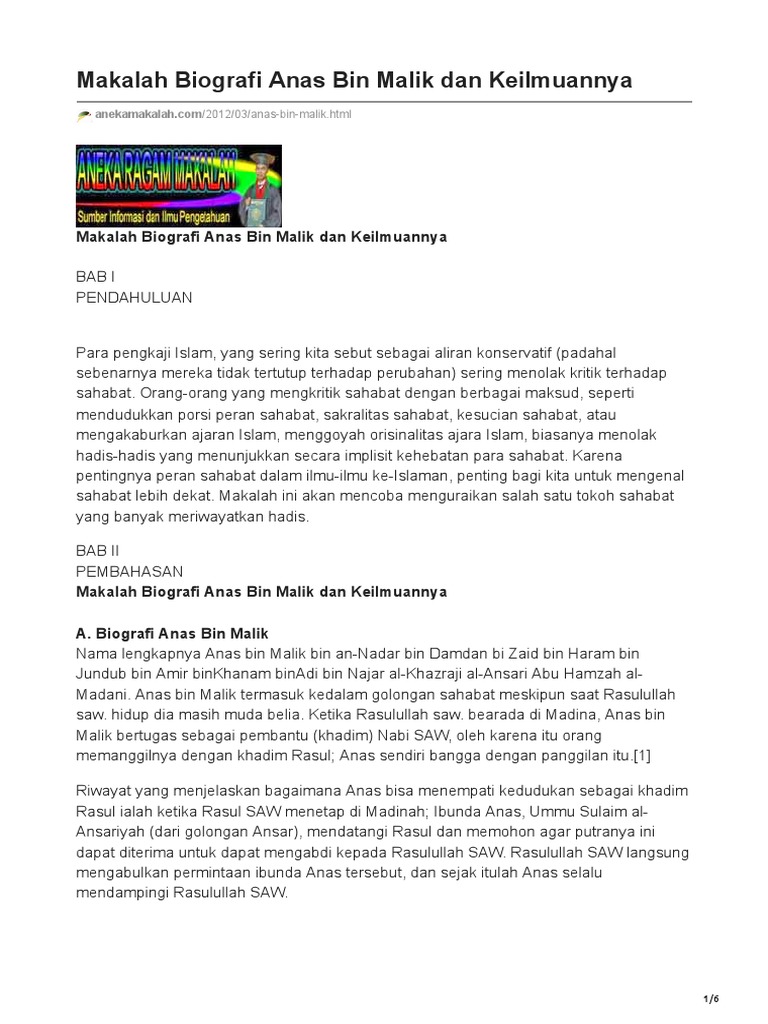 Makalah Biografi Anas Bin Malik Dan Keilmuannya | PDF