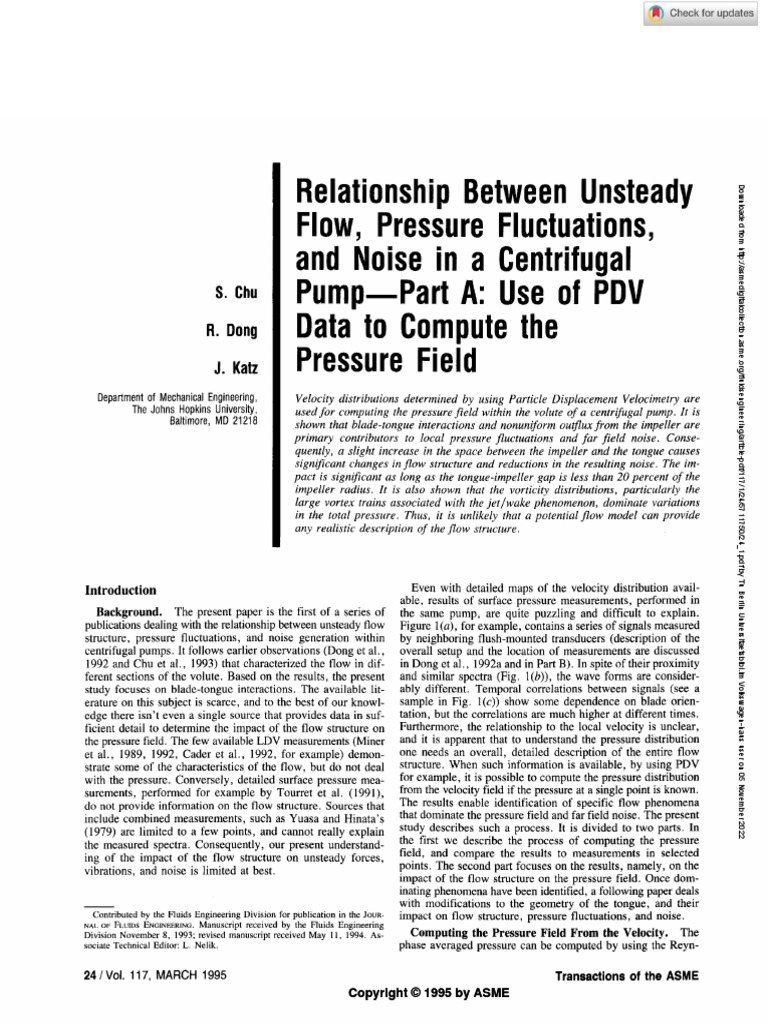 Relationship Between Unsteady Flow, Pressure Fluctuations, and Noise in ...