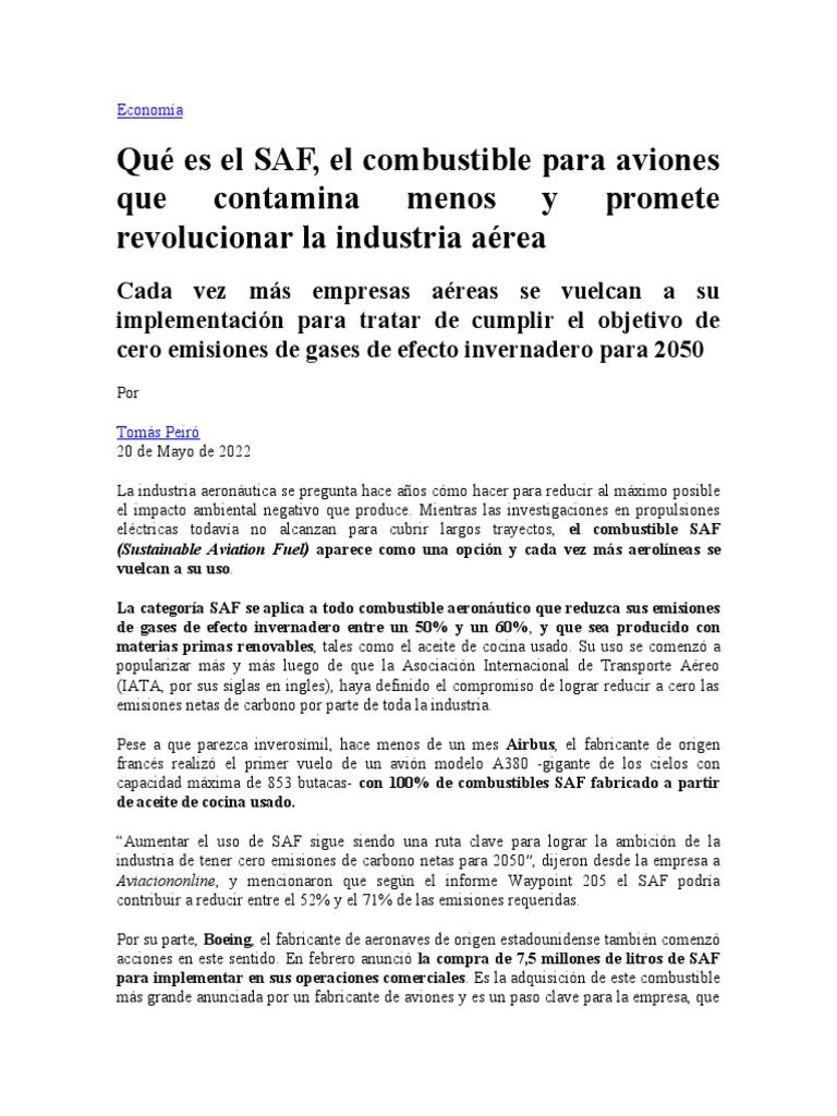 Combustible SAF: Revolución Aérea Eco | PDF | aerolíneas | Avión