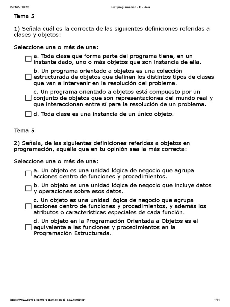 Test programación - t5 - daw | PDF | Objeto (informática ... Test programación - t5 - daw | PDF | Objeto (informática ...