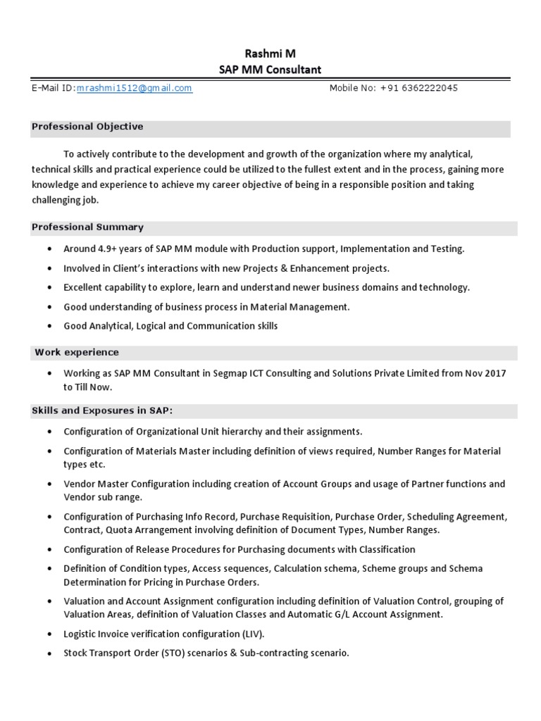 SAP MM Consultant Rashmi M Resume | PDF | Consultant | Educational ...