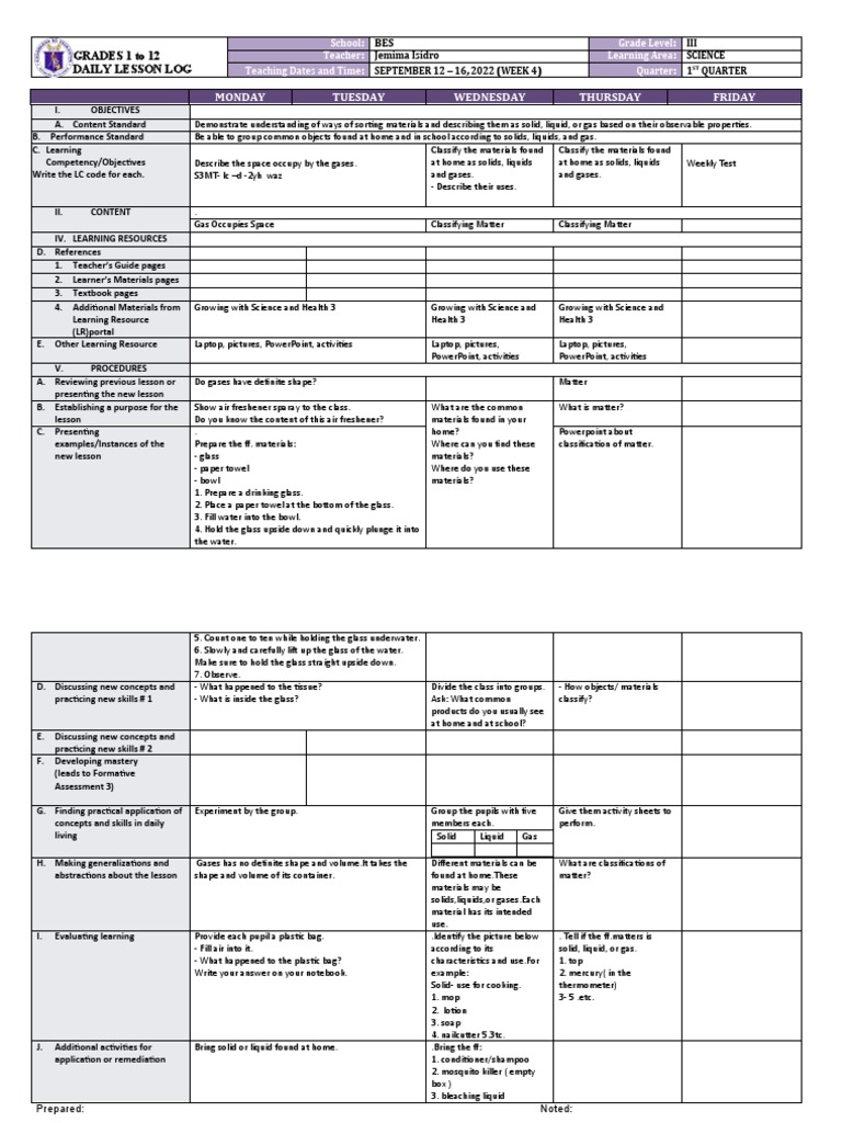 DLL - Science 3 - Q1 - W4 | PDF | Gases | Glasses