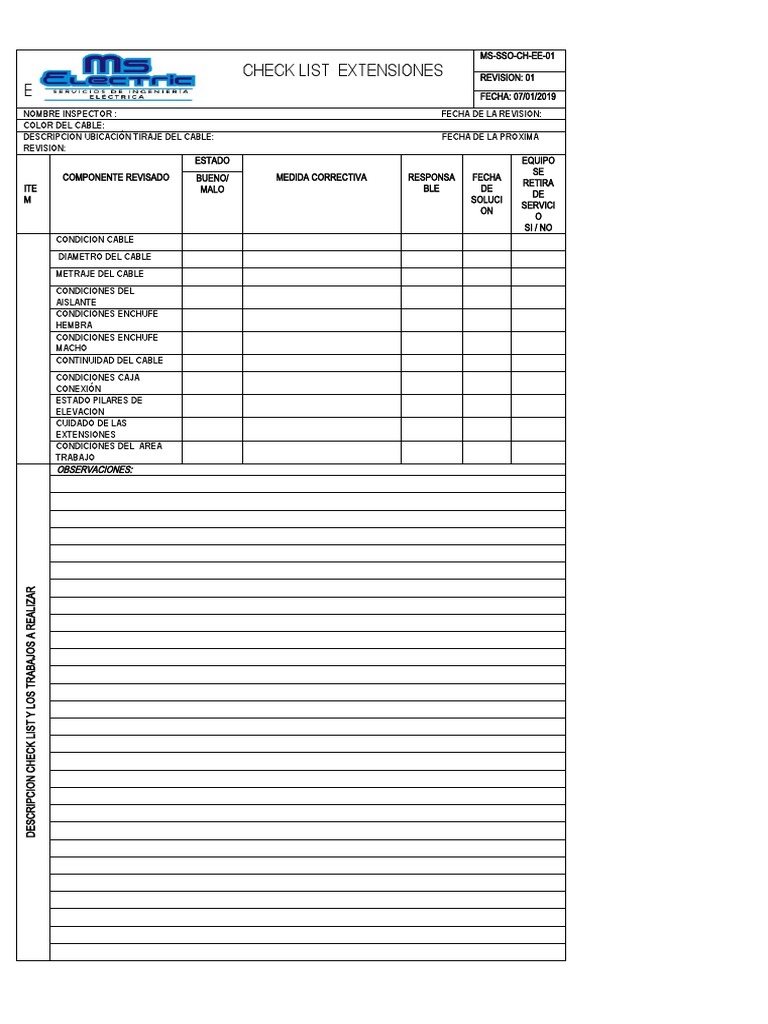 MS SSO CH EE 01 Check List Extensiones Electricas. | PDF | Ingenieria ...