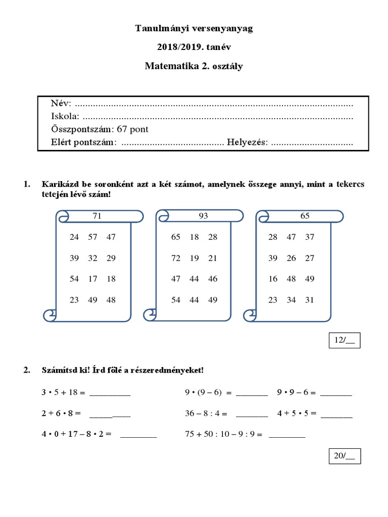Matematika 2. Osztaly Feladatlap 2019 | PDF