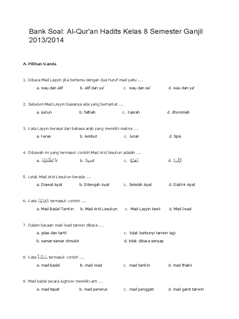Bank Soal: Al-Qur'an Hadits Kelas 8 Semester Ganjil 2013/2014 | PDF