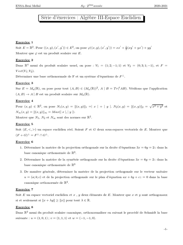 Exercices Corrigés d'Espace Euclidien | PDF | Espace euclidien | Base ...