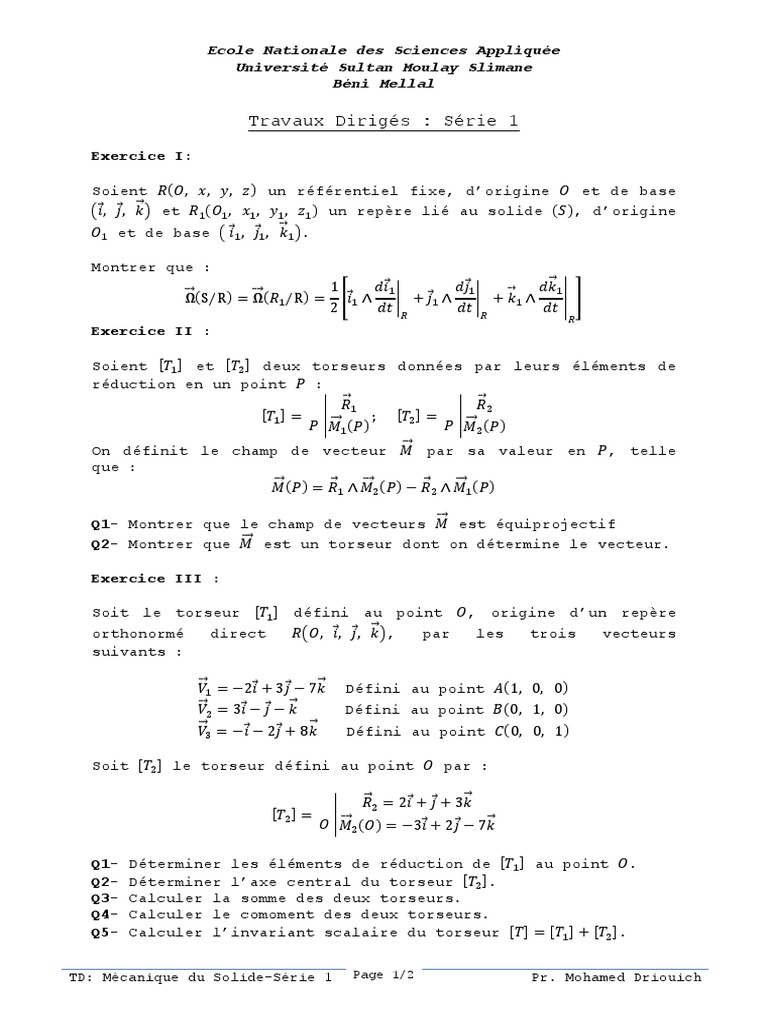 TD - MÃ©anique 2 - SÃ©rie1 | PDF | Physique | Géométrie