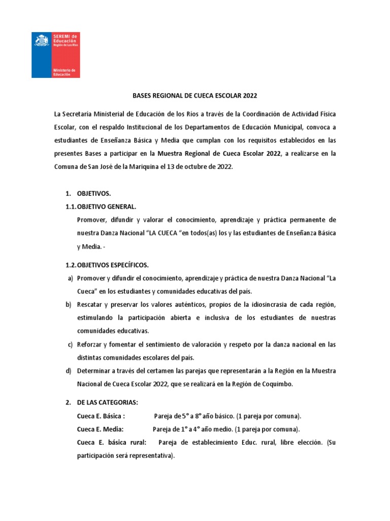 Bases Regional de Cueca Escolar 2022 | PDF | Educación primaria