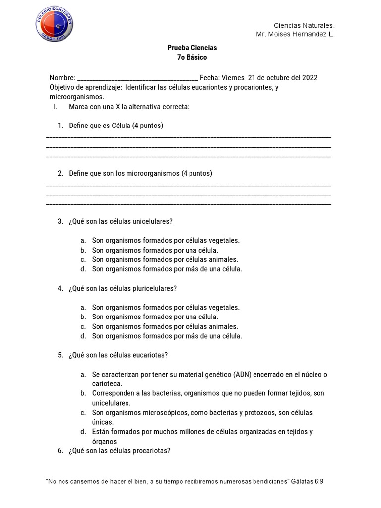 Prueba 7 Basico | PDF | Organismos | Biología Celular)