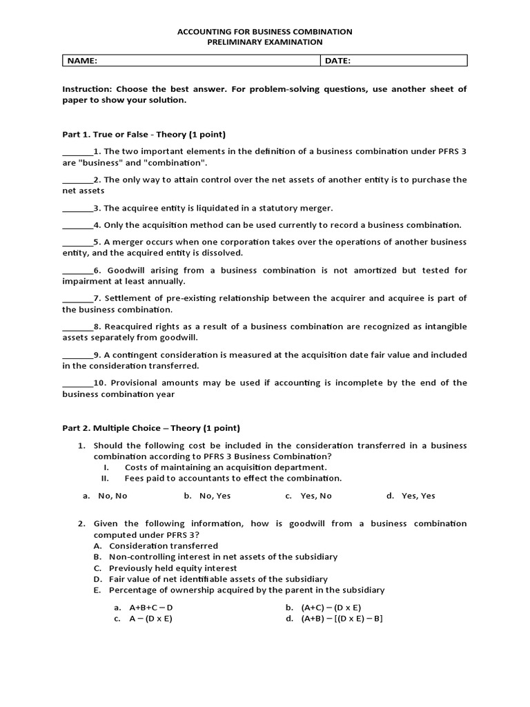 Accounting For Business Combination - Practice Exam | PDF | Goodwill ...