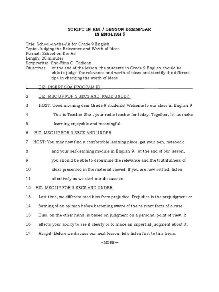 Script..lesson Exemplar in English 9 | Download Free PDF ...