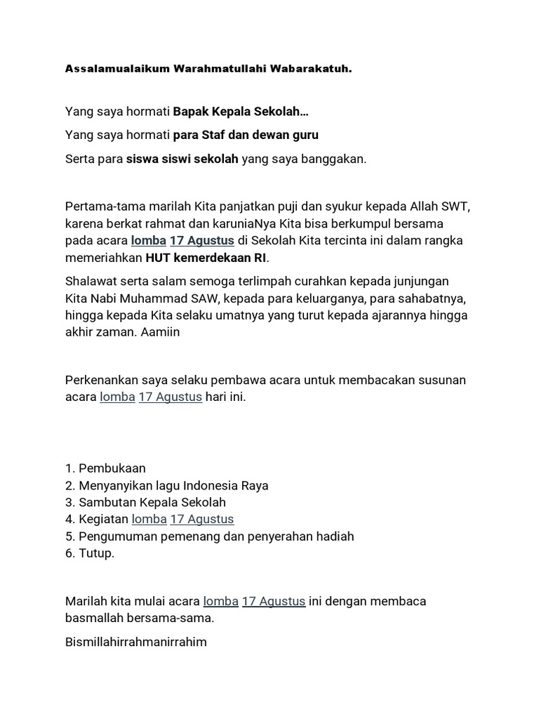 Teks MC Lomba 17 Agustus Sekolah | PDF