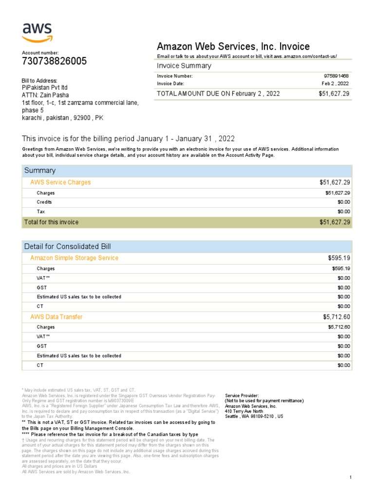 AWS January 2022 Invoice | PDF | Value Added Tax | Invoice