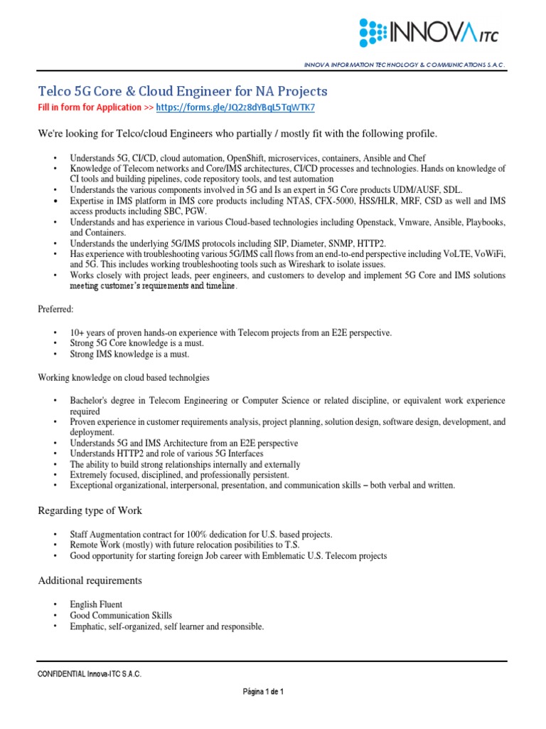 INNOVA-ITC - Telco 5G Core & Cloud Engineer For NA Projects | PDF | Ip ... INNOVA-ITC - Telco 5G Core & Cloud Engineer For NA Projects | PDF | Ip ...
