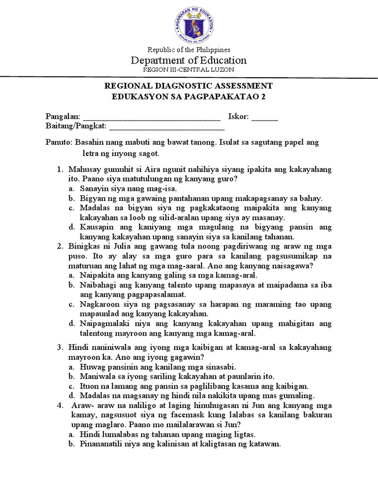 EsP Grade 2 Diagnostic Assessment | PDF