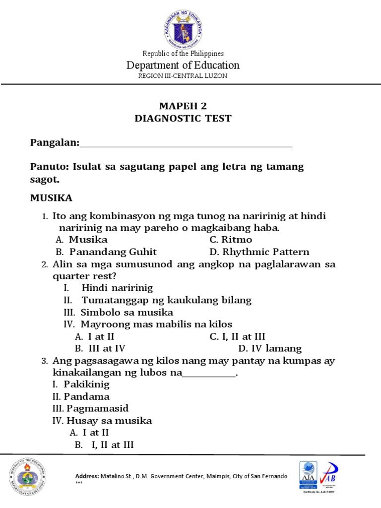 Grade 2 MAPEH Assessment Tool FINAL | PDF