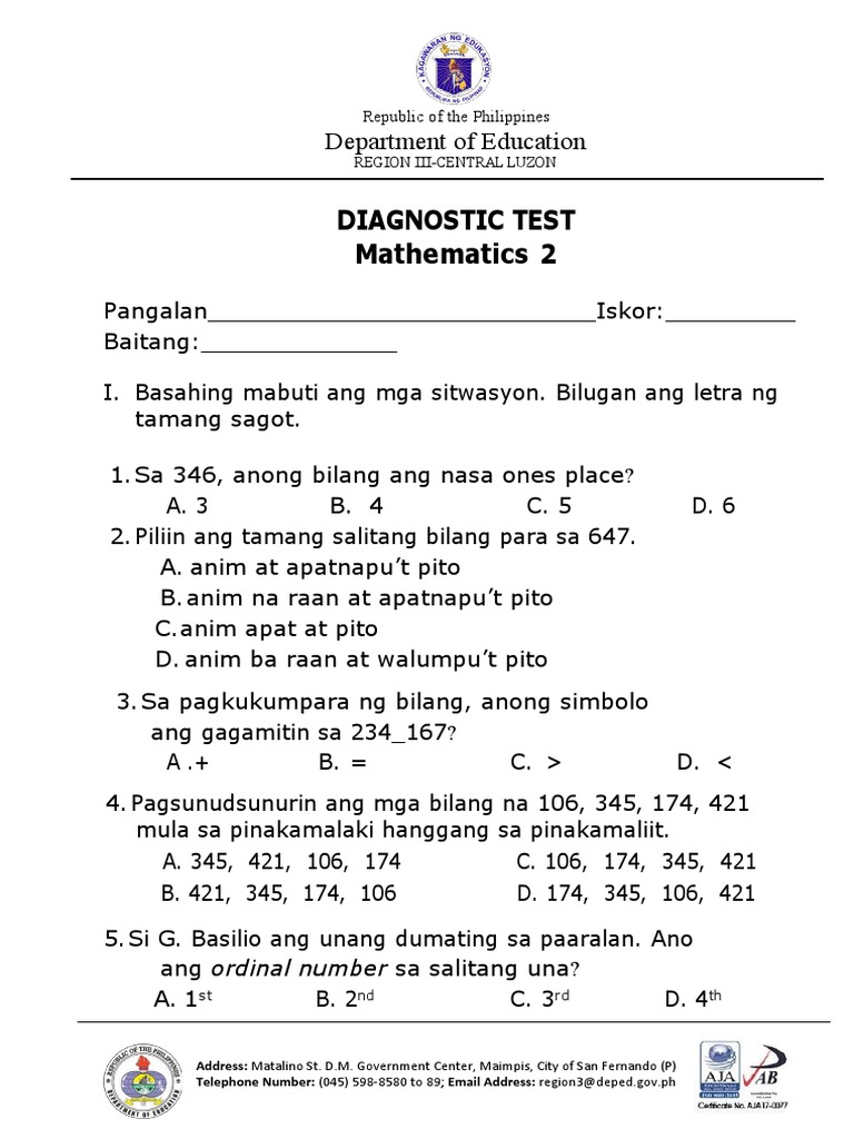 Mathematics 2 Diagnostic Test | PDF