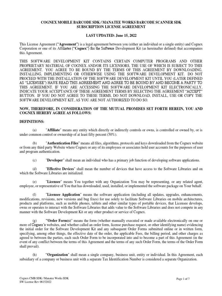 Cognex Mobile Barcode SDK License Agreement | PDF | License ...
