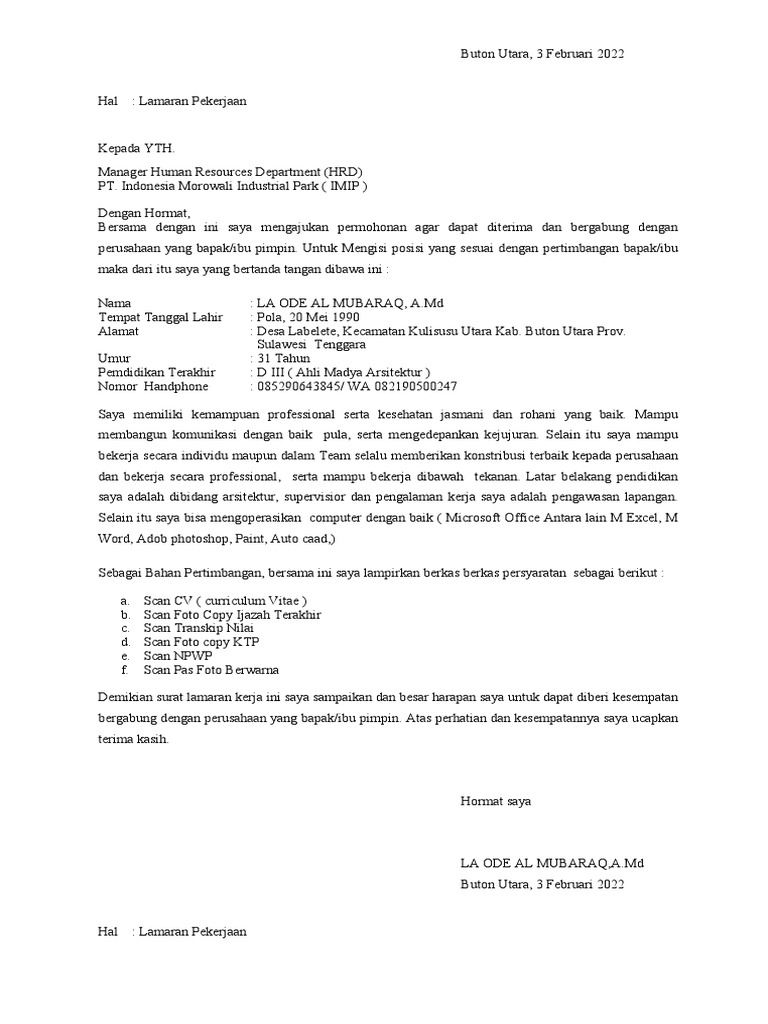 Lamaran Kerja Arsitek ke PT IMIP | PDF | Karier & Perkembangan | Ilmu Sosial