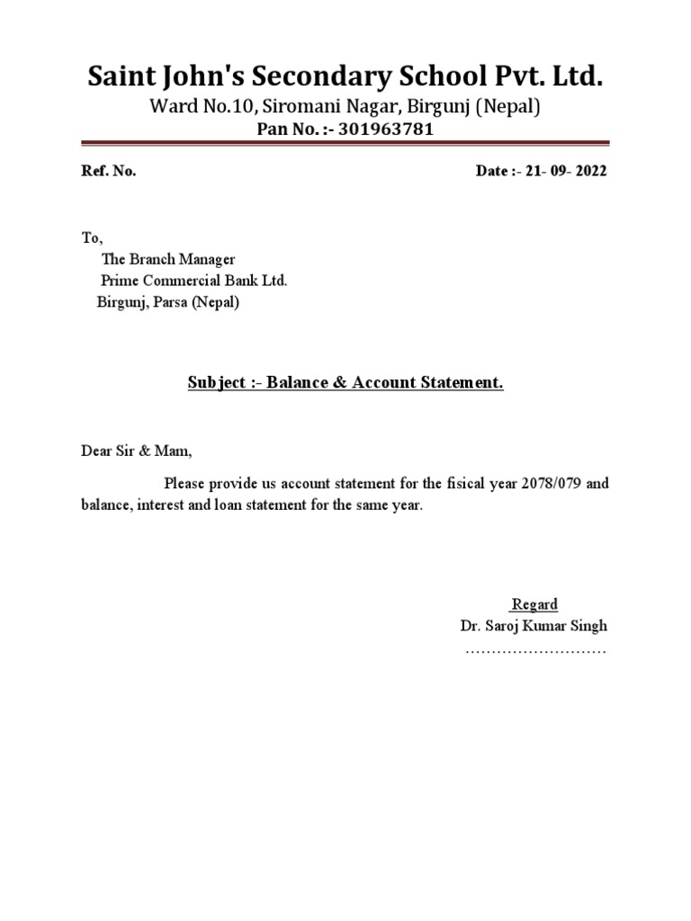 Bank Statement Letter Saint John's School | PDF | Business