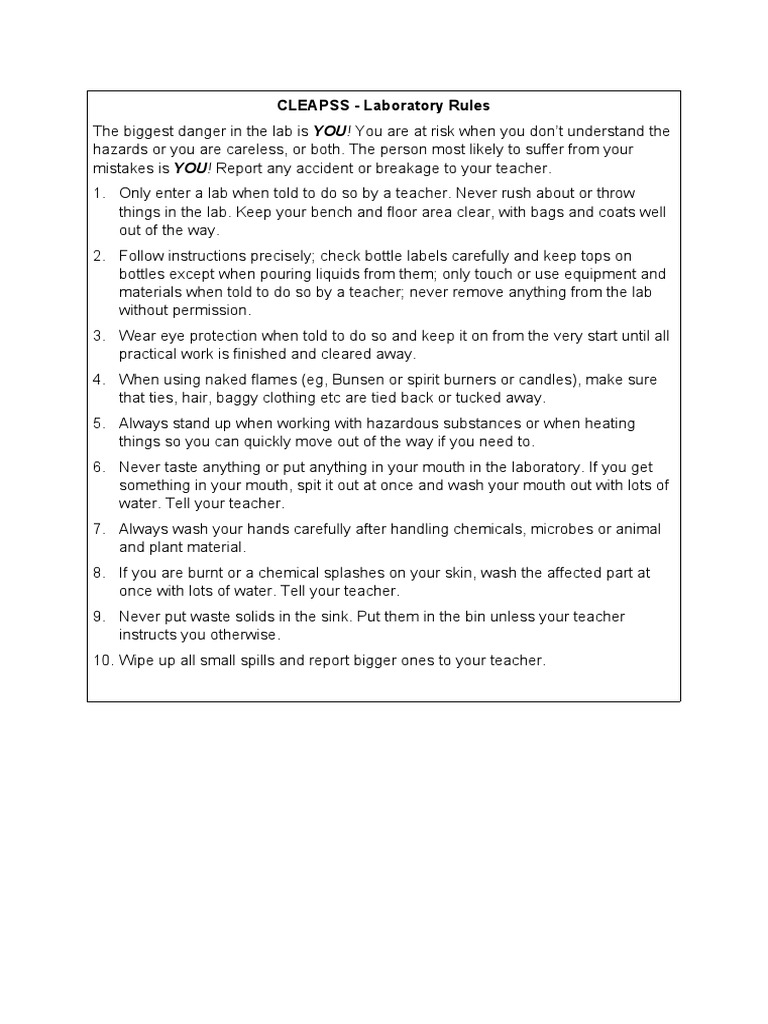 GL284 CLEAPSS Lab Rules Poster | PDF | Wellness