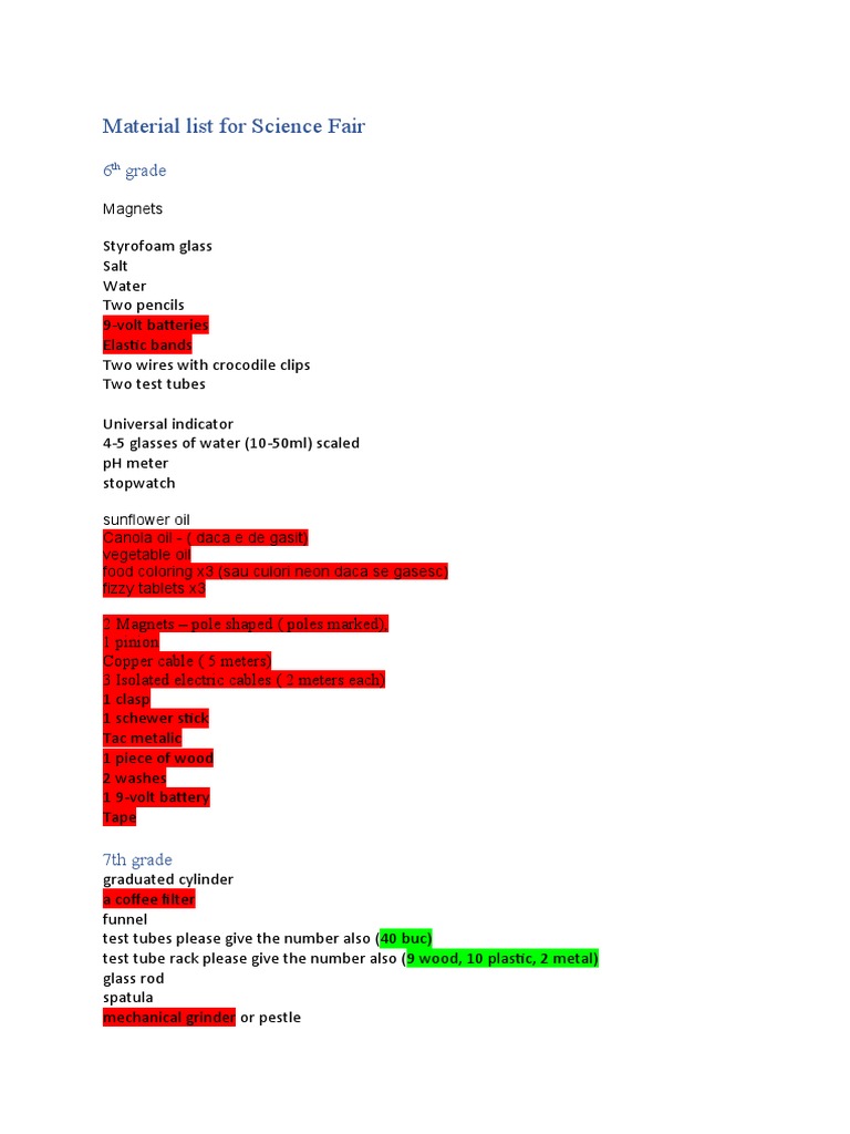 Material List For Science Fair | PDF | Science & Mathematics