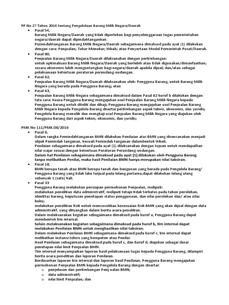 Rangkuman PMK Tentang Penjualan BMN | PDF
