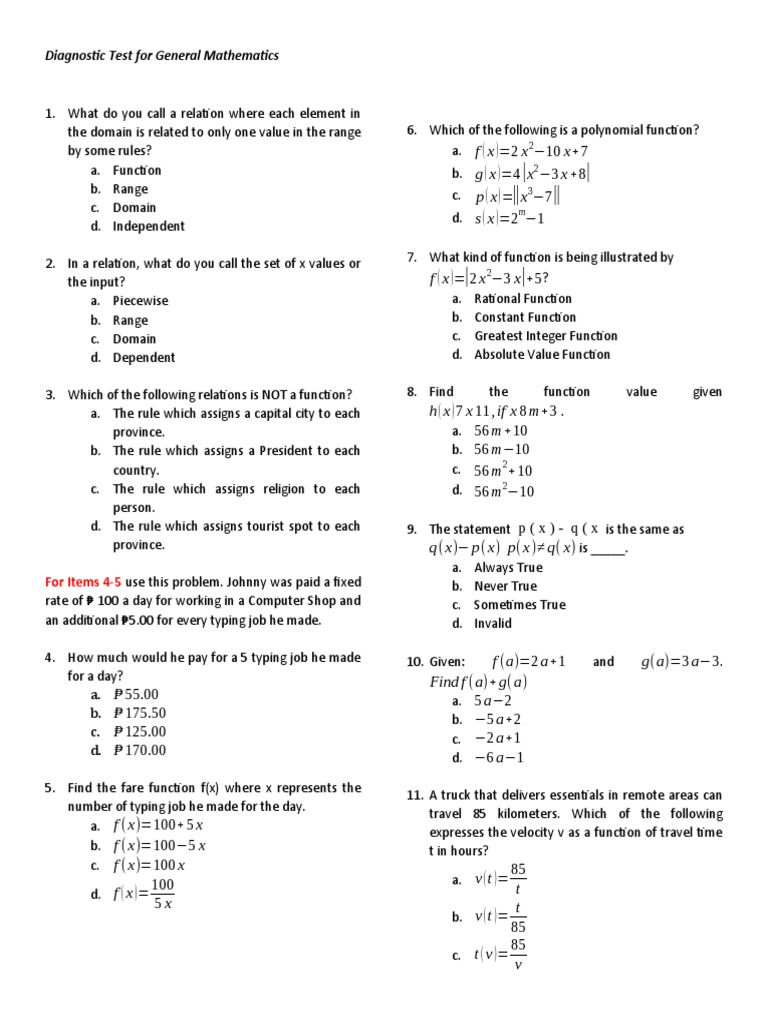 Diagnostic Test General Mathematics Pdf Function Mathematics Exponential Function
