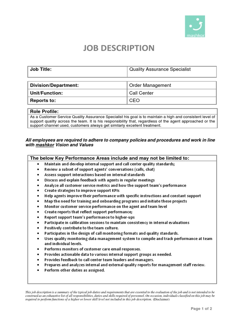 JD - Quality Assurance Specialist | PDF | Call Centre | Quality Assurance JD - Quality Assurance Specialist | PDF | Call Centre | Quality Assurance
