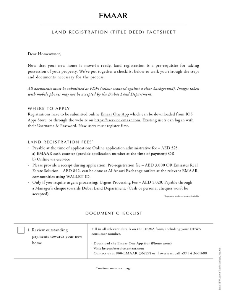 Emaar Land Registration Title Deed Factsheet | PDF | Payments | Ios